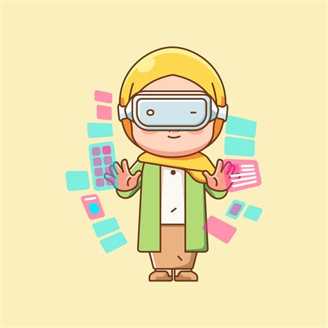 Cute Hijab Girl Interact Virtual Reality Glasses Vr Chibi Kawaii Character Mascot Illustration