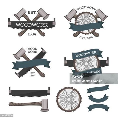 목공 톱 도끼와 나무 반지 레이블 설정 합니다 포스터 우표 배너 및 디자인 요소입니다 벡터 일러스트입니다 나무 작업 및 제조 템플릿 레이블 평면 스타일 전기톱에 대한 스톡