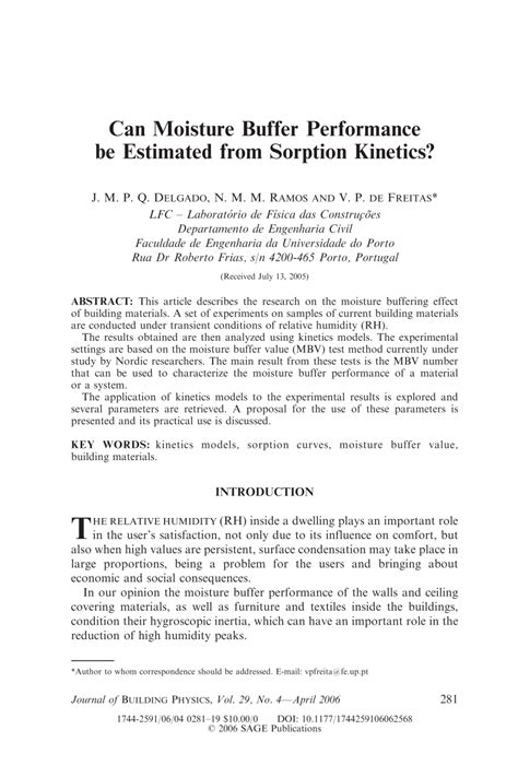 Pdf Can Moisture Buffer Performance Be Estimated From Sorption Kinetics