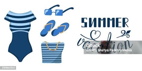 여름 옷과 액세서리의 벡터 세트 에서 Nautical 스타일 여름 휴가 수영복 가방 선글라스의 컬러 그림 여름 해변 패션 0명에 대한 스톡 벡터 아트 및 기타 이미지