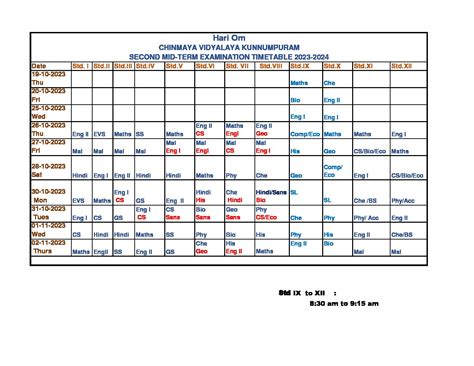 Second Midterm Exam Timetable Chinmaya Vidyalaya Kunnumpuram