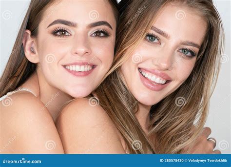 Close Up Of Couple Beautiful Girlfriends Models Two Attractive Sensual