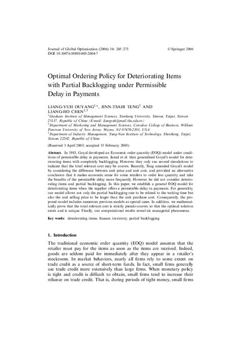 Pdf Optimal Ordering Policy For Deteriorating Items With Partial Backlogging Under Permissible