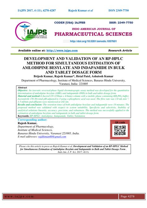 Pdf Development And Validation Of An Rp Hplc Method For Simultaneous Estimation Of Amlodipine