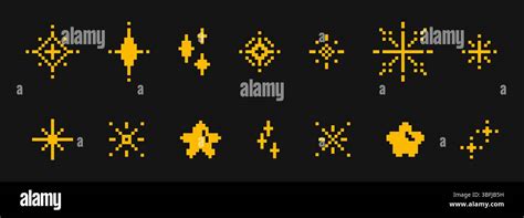 Pixel Stars Set Yellow Geometric Shapes In Space Retro 8 Bit Gaming