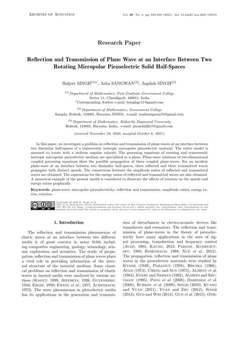 Pdf Reflection And Transmission Of Plane Wave At An Interface Between Two Rotating Micropolar