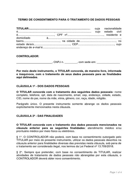 Termo De Consentimento Para O Tratamento De Dados Pessoais Pdf