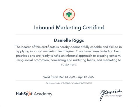 Hubspot Academy Inbound Marketing Certification Danielle Riggs