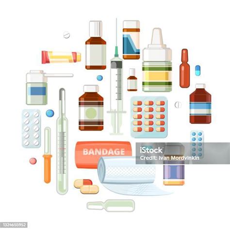 의약품 알약 캡슐 온도계 주사기 붕대와 그림 약용 약품 제약 구급차 약국 흰색 배경에 격리 플랫 디자인 벡터 0명에 대한 스톡 벡터 아트 및 기타 이미지 Istock