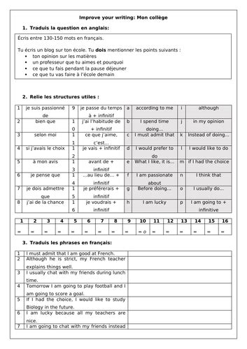 French Gcse Mon école School Scaffolded Writing Task Teaching Resources