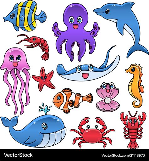 Sea Creature Fish Dolphin Whale Crab Clip Art Vector Image