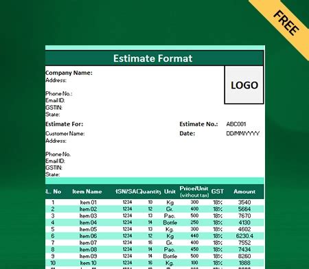 Estimate Bill Format In Excel Free Download