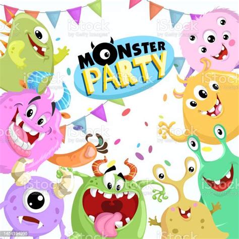 재미있는 괴물과 몬스터 파티 배너 템플릿입니다 생일 축하 인사말 또는 만화 스타일의 기념일에 대 한 초대 디자인 서식 파일입니다 벡터 그림입니다 0명에 대한 스톡 벡터 아트