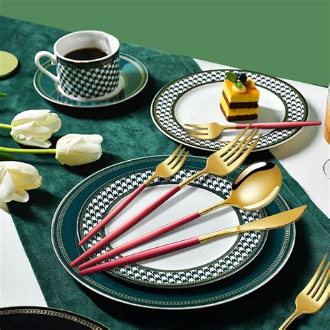 Green And Gold Patchwork Colours 410 Stainless Steel 16 Piece Flatware