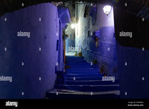 Chefchaouen Morocco 2022 Night View Of The Blue City With Narrow And Coloured Streets Popular