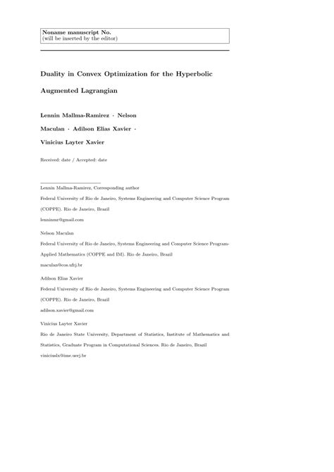 Pdf Duality In Convex Optimization For The Hyperbolic Augmented Lagrangian