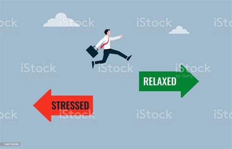 스트레스 대 편안한 개념 사업가는 빨간색 화살표에서 녹색 화살표 방향 스트레스 관리 및 감정 해소로 뛰어 내립니다 Mental Wellbeing에 대한 스톡 벡터 아트 및
