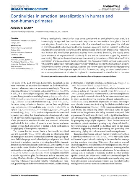 Pdf Continuities In Emotion Lateralization In Human And Non Human Primates
