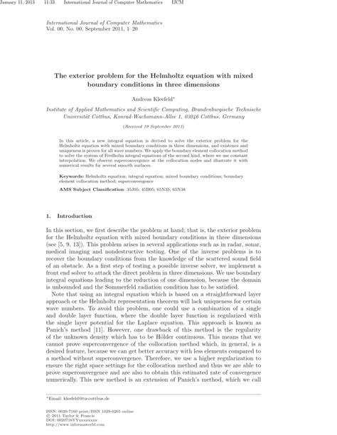 Pdf The Exterior Problem For The Helmholtz Equation With Mixed Boundary Conditions In Three