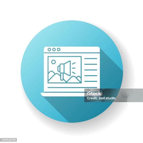 광고 삽입 블루 플랫 디자인 긴 그림자 글리프 아이콘 광고와 웹 사이트 페이지 구내에서 프로모션이 있는 랩톱 디스플레이 디지털