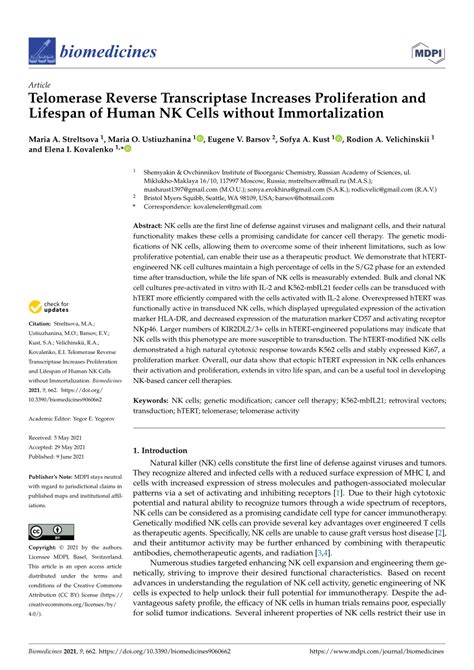 Pdf Telomerase Reverse Transcriptase Increases Proliferation And Lifespan Of Human Nk Cells