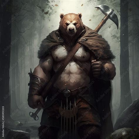 Worn Down Outlander Muscular In The Forest Fighter Pose Scarred Wearing Bear Pelt Head Hood