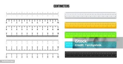 길이 또는 높이를 측정하기 위한 검은색 센티미터 스케일이 있는 사실적인 금속 눈금자 분할이 있는 다양한 측정 스케일 눈금자 줄자 표시 크기 표시기 벡터 그림 각도에 대한