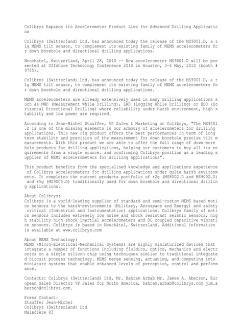 Colibrys Expands Its Accelerometer Product Line For Advanced Drilling Applications Pdf