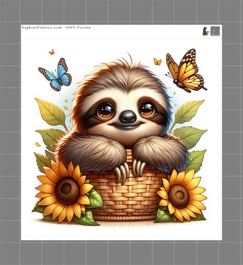 Sloth And Sunflowers 100 Cotton Fabric Panel Block Small Sewing
