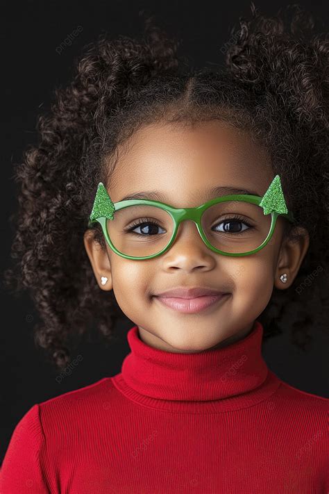 빨간 터틀넥 천을 입고 귀여운 어린 소녀 곱슬머리 검은 배경에 녹색 안경과 크리스마스 트리 클립 배경 화면 및 일러스트 무료