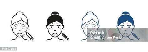 여성을 위한 노화 방지 스킨 케어 절차 라인과 실루엣 아이콘 세트 얼굴 주름 픽토그램 주사 Mesotherapy 산 및 필러 기호 수집 격리된 벡터 그림 아이콘에 대한 스톡