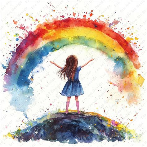 Girl And Rainbow Watercolor Clipart Nursery Art Digital Download Etsy