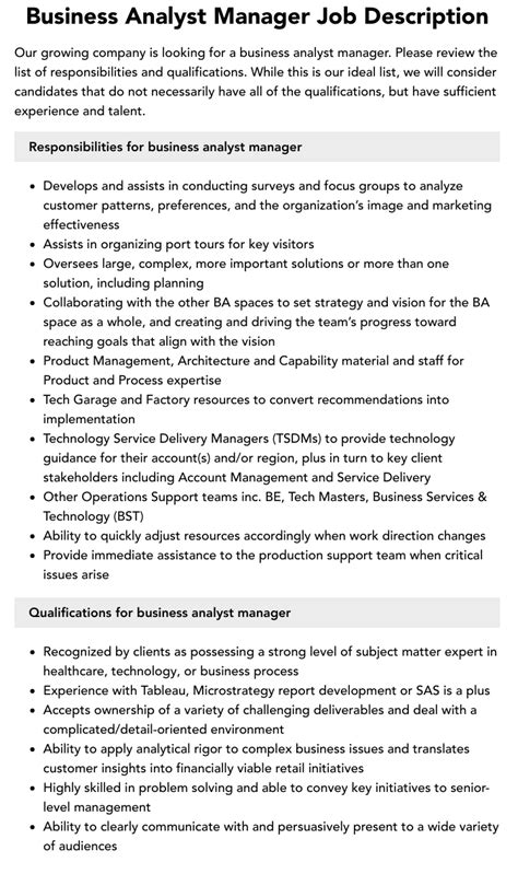 Business Analyst Manager Job Description Velvet Jobs