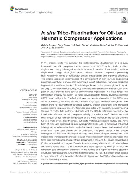 Pdf In Situ Tribo Fluorination For Oil Less Hermetic Compressor