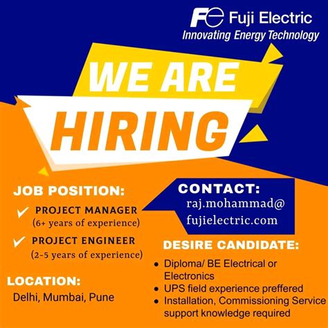Fuji Electrical Job Vacancy For Project Department Diploma Be Btech