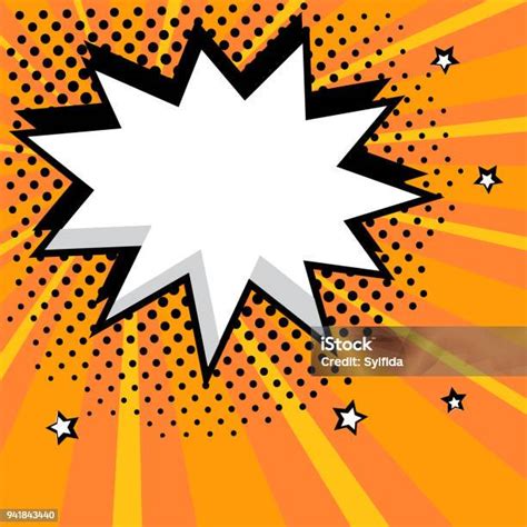 별과 점 오렌지 배경에 흰색 빈 음성 만화 거품이 있다 팝 아트 스타일에서 만화 음향 효과입니다 벡터 일러스트입니다 개념에 대한 스톡 벡터 아트 및 기타 이미지 Istock