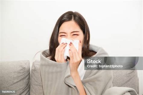 알레르기로 고생하고 티슈 페이퍼로 코를 닫는 스트레스를 받는 아시아 여성 가리기에 대한 스톡 사진 및 기타 이미지 가리기 가정의 방 감기와 독감 Istock
