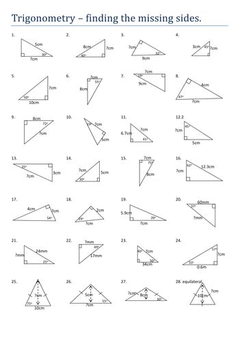 Maths Trigonometry Missing Sides Worksheet Teaching Resources