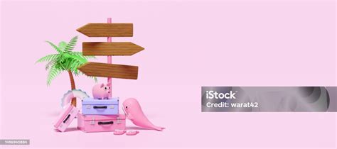 도로 간판 푯말 여행 가방 더미 샌들 야자수 고래 돼지 저금통 구명 부표 분홍색 배경에 격리된 공간이 있는 3d 여름 여행 3d 렌더링 그림 클리핑 경로 3차원 형태에 대한