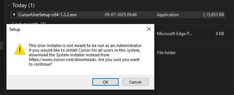 Bug Cursor User Installer Shows Admin Warning Even When Not Run As