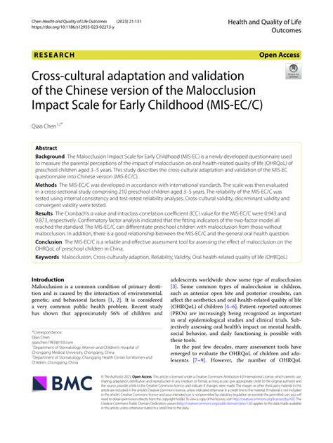 Pdf Cross Cultural Adaptation And Validation Of The Chinese Version Of The Malocclusion Impact