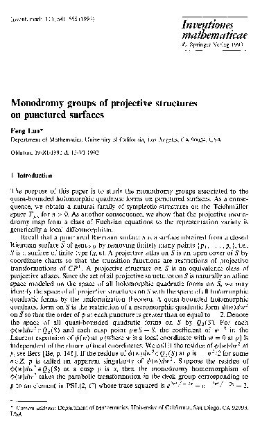 Pdf Monodromy Groups Of Projective Structures On Punctured Surfaces