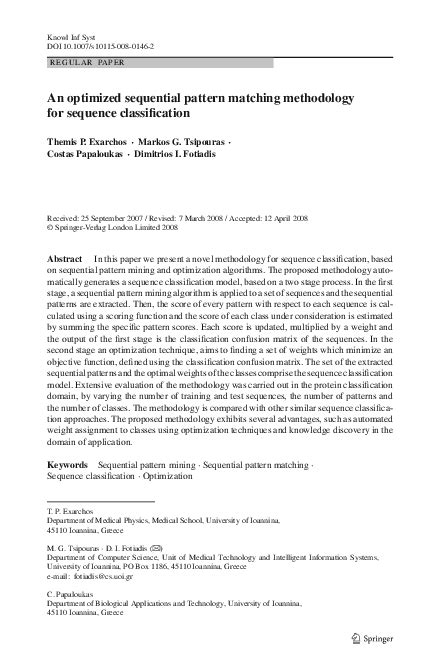 Pdf An Optimized Sequential Pattern Matching Methodology For Sequence Classification