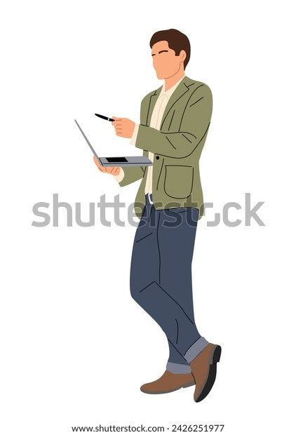 Business Man Standing Laptop Vector Isolated Stock Vector Royalty Free Shutterstock