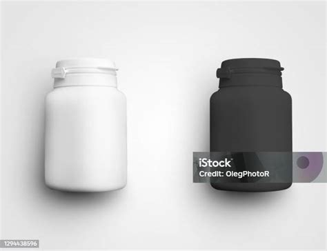 첫 번째 개구부 제어가있는 플라스틱 흰색 검은 색 항아리의 템플릿 알약용 빈 병 프리젠 테이션 디자인 인쇄 개체 그룹에 대한 스톡 사진 및 기타 이미지 Istock