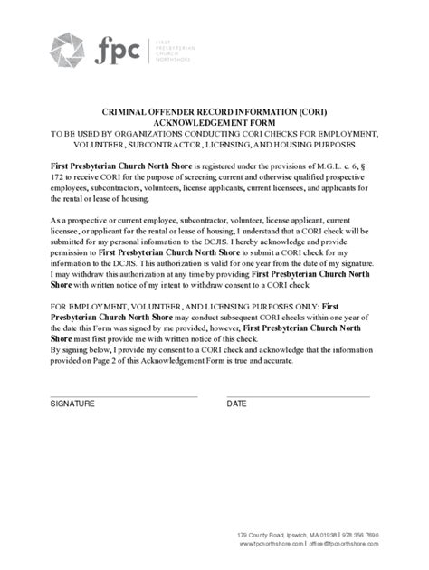 Fillable Online Massachusetts Cori Acknowledgment Form Fax Email Print Pdffiller