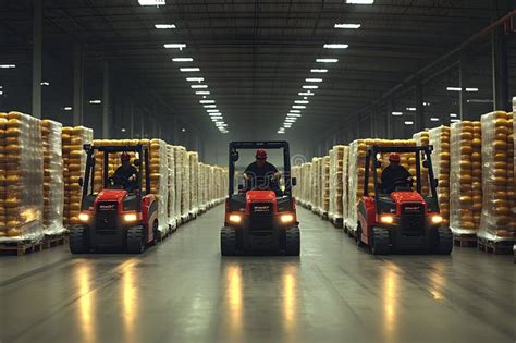 Forklift Trucks Operating Within A Large Warehouse Setting Ready For Shipment Stock Illustration