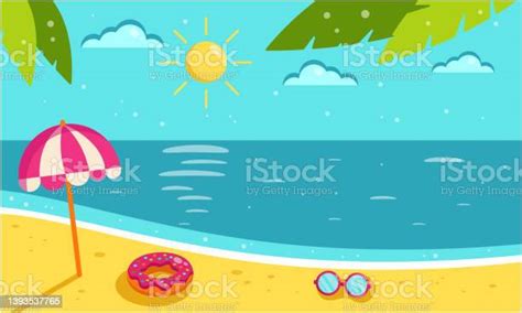 여름 배경 벡터 플랫 여름 일러스트 레이 션 바다 태양 해변 바다와 해변이있는 만화 여름 풍경 여름 밝은 배너 공간 복사 해변에 대한 스톡 벡터 아트 및 기타 이미지
