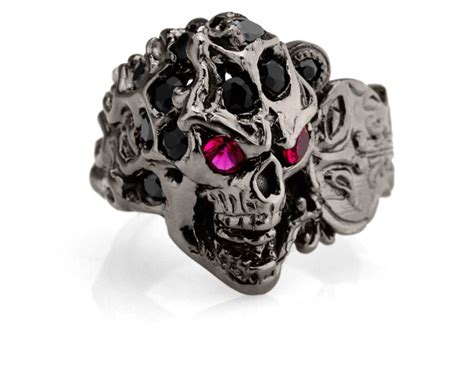 The Rock Star Skull Ring Sterling Silver Rhodium Plated Black With Black And Red Stones Black