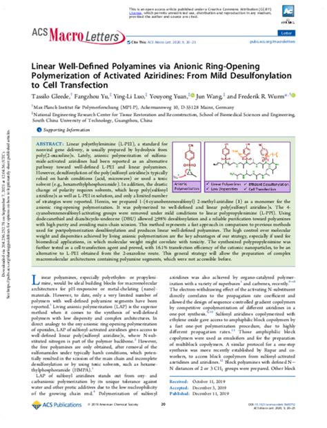 Pdf Linear Well Defined Polyamines Via Anionic Ring Opening Polymerization Of Activated